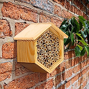 Mason Bee House Native Bee Hive Hexagon Bee House Natural Handmade Wooden Mason Bee Box Habitat Home Hotel with Bamboo Tubes -Attracts Peaceful Bee Pollinators to Enhance Your Garden's Productivity
