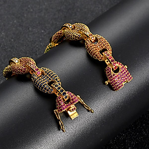 Five Domains Hip hop Hip Hop Bracelet Color Zircon Pig Nose Chain Coffee Bean Chain Real Gold Plated Men's Hip Hop Jigs (Color : Silver8inch)