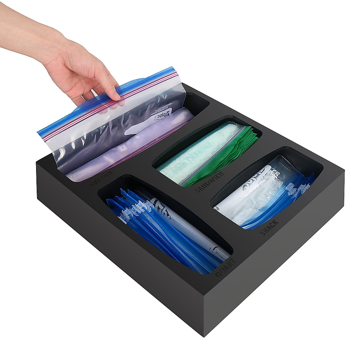 Ziplock Bag Storage Organizer - Bamboo Baggie Organizer for Kitchen Drawer - Black Kitchen Drawer Organizer - Compatible with Gallon, Quart Slider, Sandwich & Snack Variety Size Bags