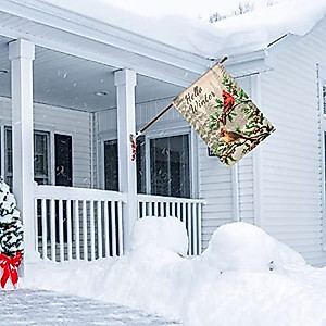 HOSCAPE Winter Cardinal Bird Garden Flag12x18 Inch, Vertical Double Sided Hello Winter Garden Flag, Red Bird Holly Berry Branches Snow Holiday Outside Decorations Burlap Yard Flag Banners