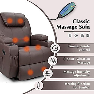 JUMMICO Recliner Chair Massage and Heating Living Room Chair, Rocking and 360° Swivel Home Leather Sofa with 2 Cup Holders and Side Pockets (Brown)