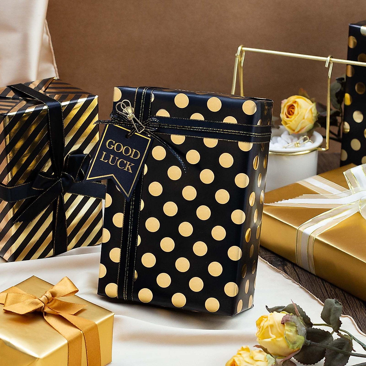 Retrify Wrapping Paper Roll - 3 Mini Rolls Black Gold Foil Polka Dots Stripes Gift Wrap Paper for Birthday, Christmas, Father's Day, All Occasions - 17 Inch x 120 Inch Per Roll