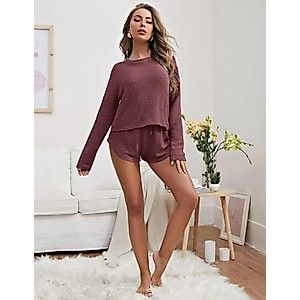 Ekouaer Womens Waffle Knit Pajama Sets Long Sleeve Top and Shorts Matching Lounge Set Sleepwear Loungewear Sweatsuit with Pockets Burgundy Small