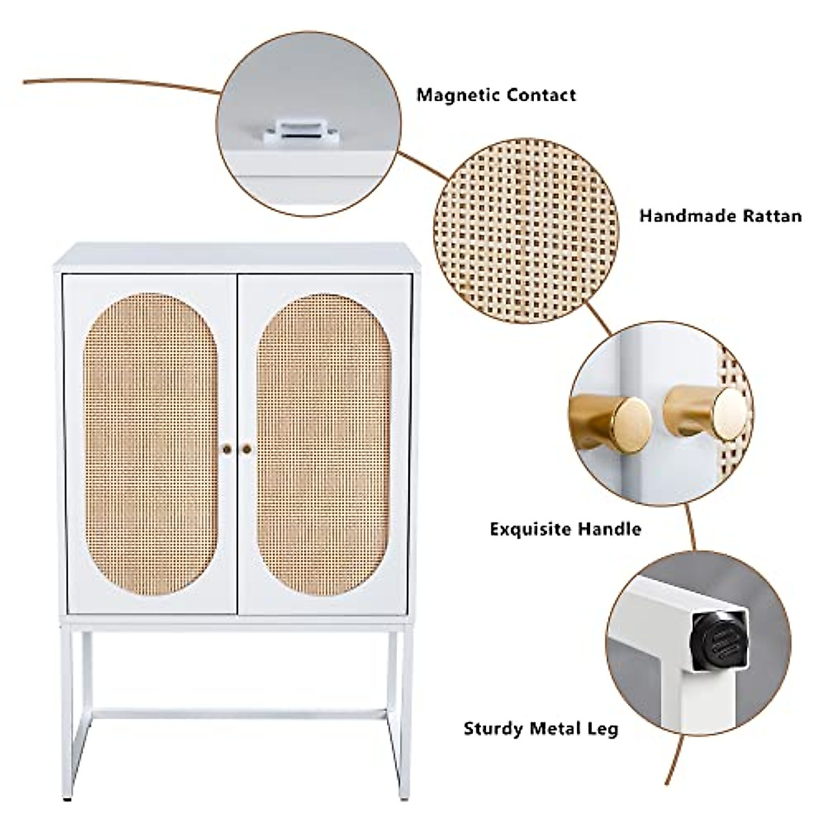 AWQM Natural Rattan 2 Door High Cabinet,Sideboard Buffet Cupboard Accent Cabinet,Adjustable Shelves,Free Standing Bookmatch,Easy Assembly,26.77" L x 15.75" W x 41.34" H,White