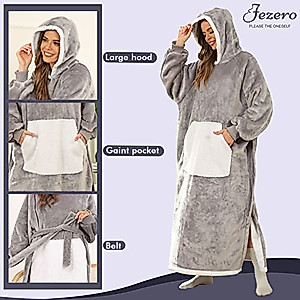 Jezero Wearable Blanket Hoodie Oversized, Flannel Sherpa Fleece Blanket Sweatshirt for Adults Women Men with Hood, Belt, Pocket & Sleeves, One Size Fits All