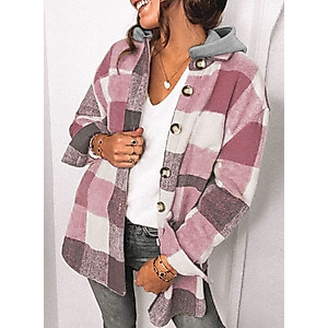 SHEWIN Womens Casual Plaid Hooded Flannel Shirts Casual Fall Long Sleeve Button Up Shacket Jacket Coat Tops with Pockets,US 12-14(L),Rose