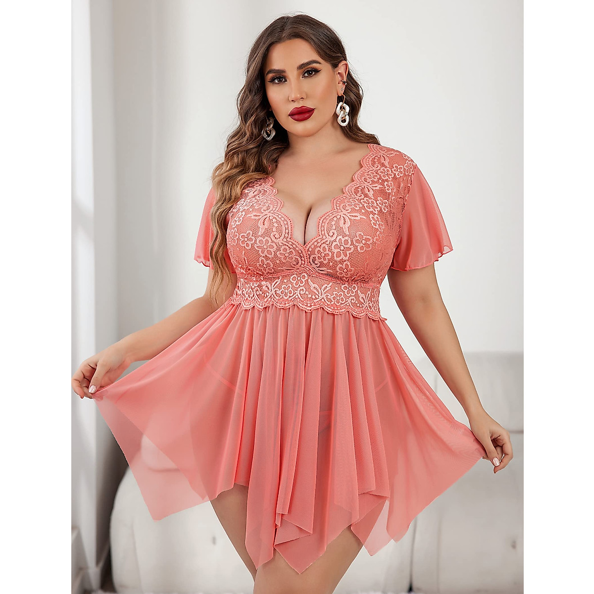 Avidlove Womens Plus Size Babydoll Floral Sexy Lace Teddy Lingerie Deep V Nighty Mesh Sleepwear Rose Pink