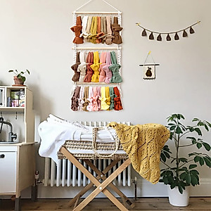 POVETIRE Baby Headband Holder, Hair Bows and Accessories Storage Organizer, Wall Hanging Decor for Nursery Toddler Girls Room (Beige-2)