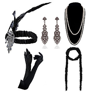 DRESHOW 1920s Great Gatsby Accessories for Women Flapper Headpiece Headband Gloves Costume Harlem Nights Accessories Set