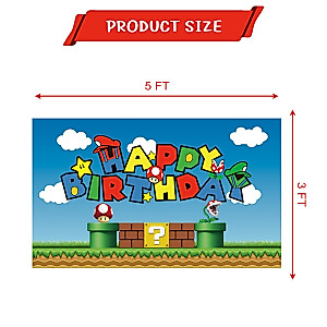 Mario Happy Birthday Party Backdrop, Baby Shower Cake Table Decoration Supplies, Mario Themed Banner (5X3FT)