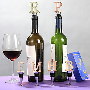 Wine and Beverage Bottle Stopper Christmas Initial letter Wine Stoppers Christmas Decorative Creative Kitchen Bar Wedding Birthday Party Favor Wine Lover Gift (Rose Gold-F)