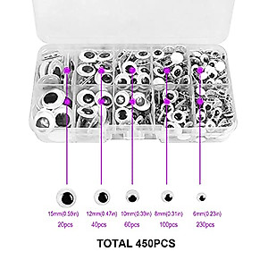 Googly Eyes for Crafts,450 Pcs Black Wiggle Googly Eyes with Self-Adhesive, 6mm 8mm 10 mm 12mm 15mm Mixed Packaging