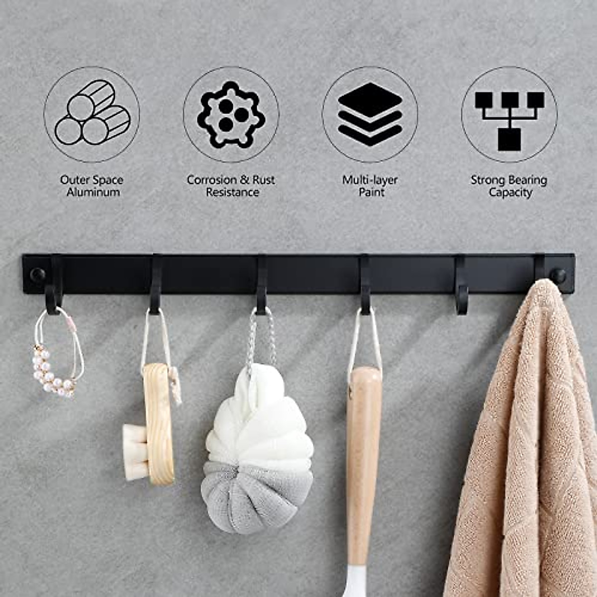 Geobella Coat Hooks Wall Mounted with 3 Rail Silding Hooks for Hanging Coats Purse Clothes Jacket Backpack Entryway Bathroom，Black