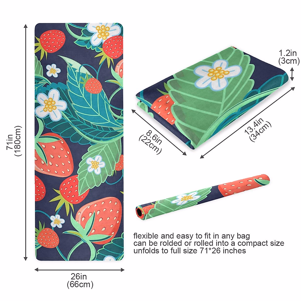 Qilmy Strawberry Yoga Mat Non-Slip Foldable Sweat Absorbent Travel Yoga Mat with Carrying Bag for Yoga, Pilates, Exercise, Workout, Bikram and Hot Yoga 71 x 26 Inch