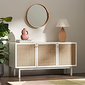 mopio Hannah Sideboard Storage Cabinet, Natural Rattan Farmhouse Kitchen Cabinet, Buffet Cabinet with Storage, Credenza, with Adjustable Shelves, for Dining Room, Living Room, Kitchen, Whitewash