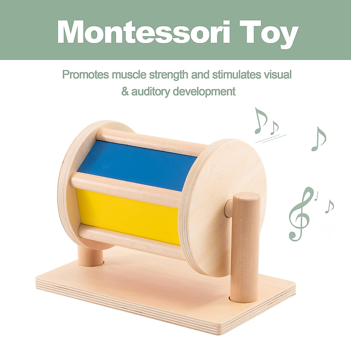 XJYQJD Montessori Spinning Drum Montessori Baby Toys for 6-12 Months Old, Wooden Spinning Rainbow Montessori Drum Rolling Toys for Babies Infant Toy for Boys Girls Newborn Gift