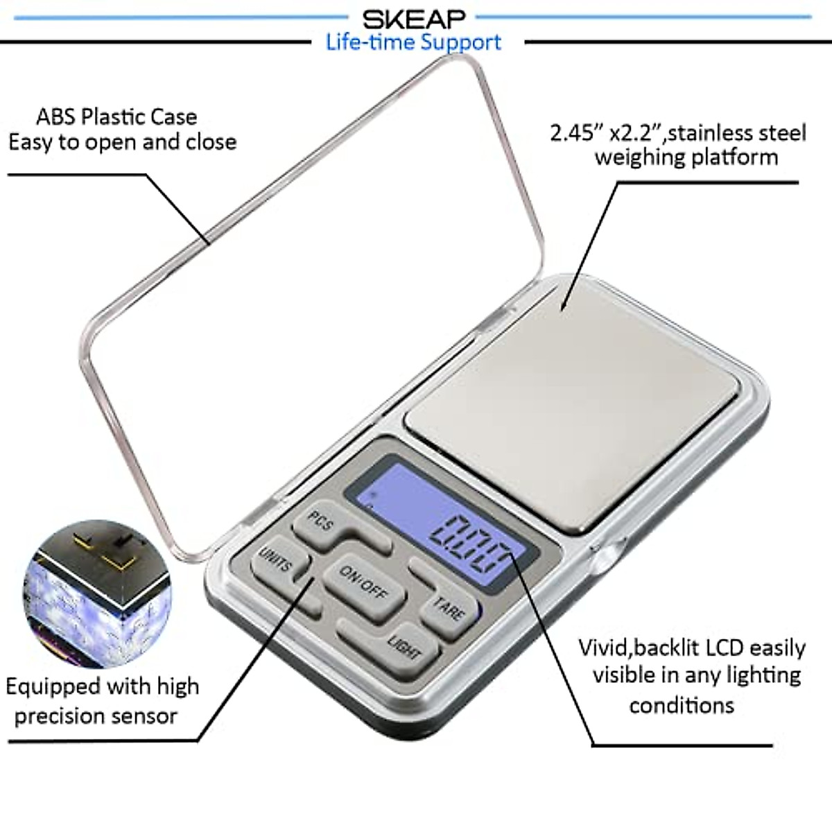 Precision Pocket Scale 200g x 0.01g, SKEAP Digital Gram Scale Small Herb Scale Mini Food Scale Jewelry Scale Ounces/ Grains Scale, Easy to Carry, Great for Travel ,Backlit LCD, Stainless Steel