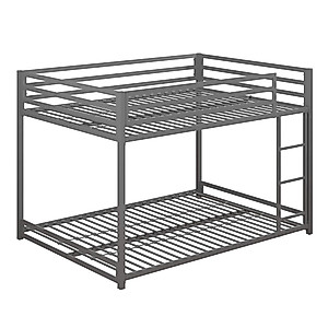 DHP Miles Low Metal Bunk Bed Frame for Kids, With Built-in Ladder, High Guardrail and Metal Slats, Floor Bed Bottom Bunk, No Boxspring Required, For Small Spaces, Full-Over-Full, Silver