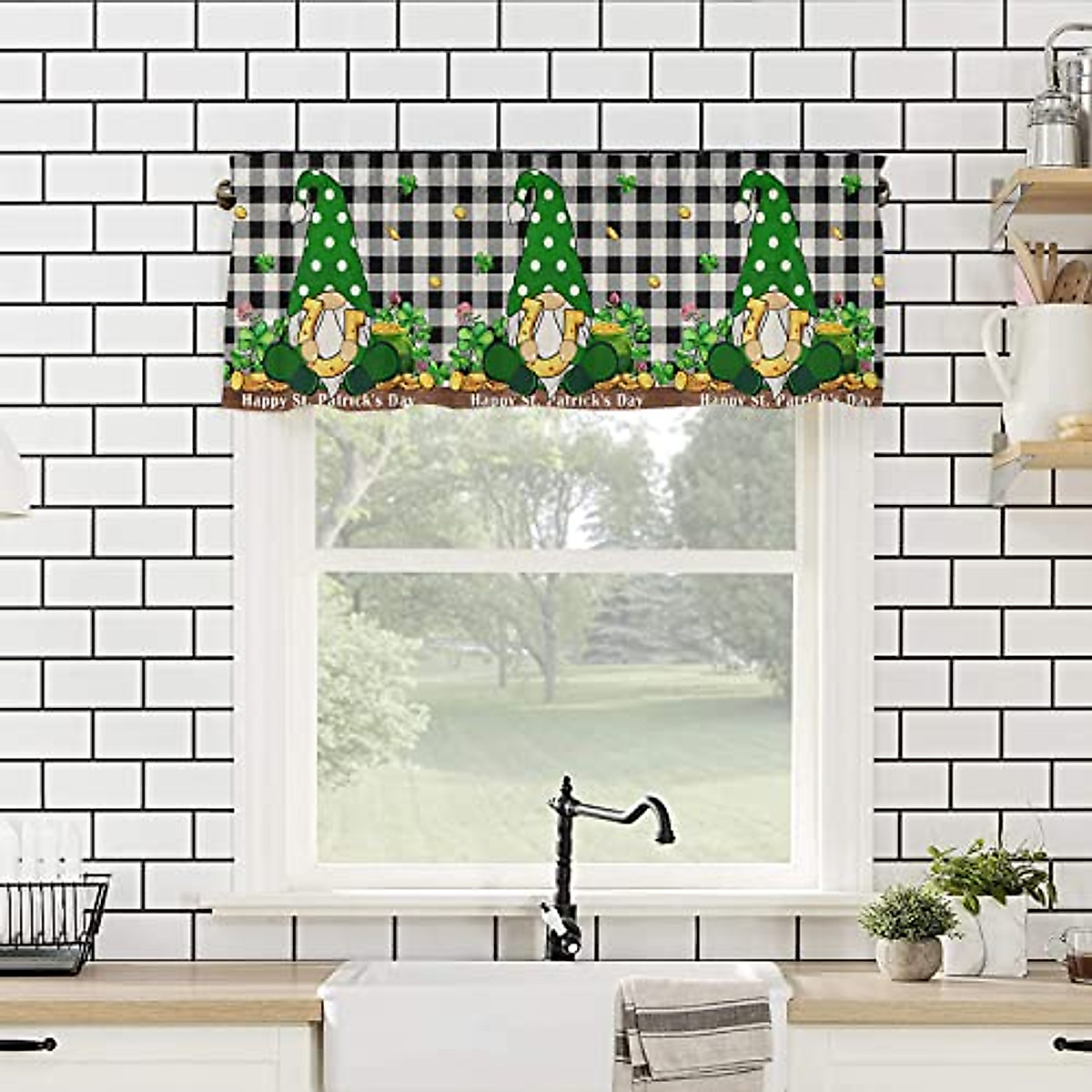 Valances for Windows St. Patrick's Day Clover Gold Coin Gnomes Black White Buffalo Plaid Kitchen Valances for Windows Rod Pocket Window Valance Curtains,Semi Sheer Valance for Kitchen 54" x18"