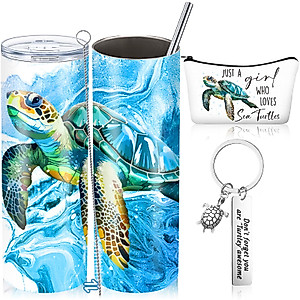 Qinyoung 3 Pcs Sea Turtle Gifts for Women Funny Birthday Gifts 20oz Blue Tumbler Who Loves Turtles Makeup Bags Don't Forget You Are Turtley Awesome Keychain for Ocean Beach Themed Party Mothers Day