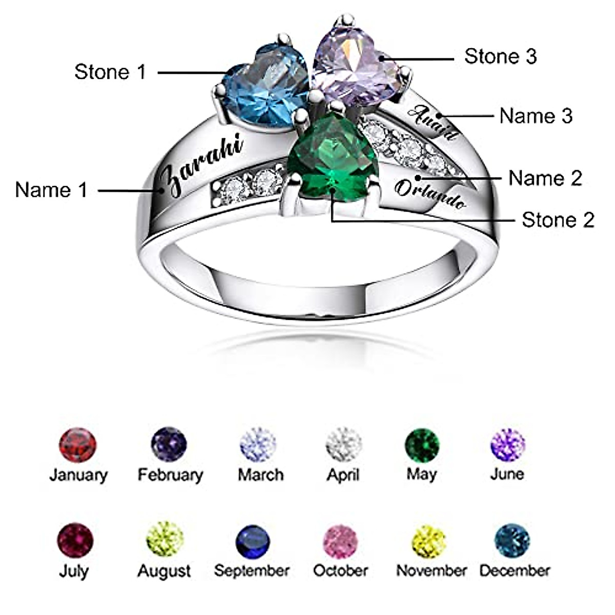 ORFAN Personalized Mothers Rings with 3 Simulated Birthstones and Names Sterling Silver Family Name Ring for Women Custom Anniversary Rings Christmas Gift for Mother Grandmother (Silver)