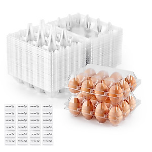 60PCS Egg Cartons Cheap Bulk with Sticker Labels, 3x4 Plastic Egg Carton for Fresh Medium Eggs, Reusable Chicken Egg Container Bulk Egg Holders for Refrigerator, Storage, Family, Chicken Farm, Market