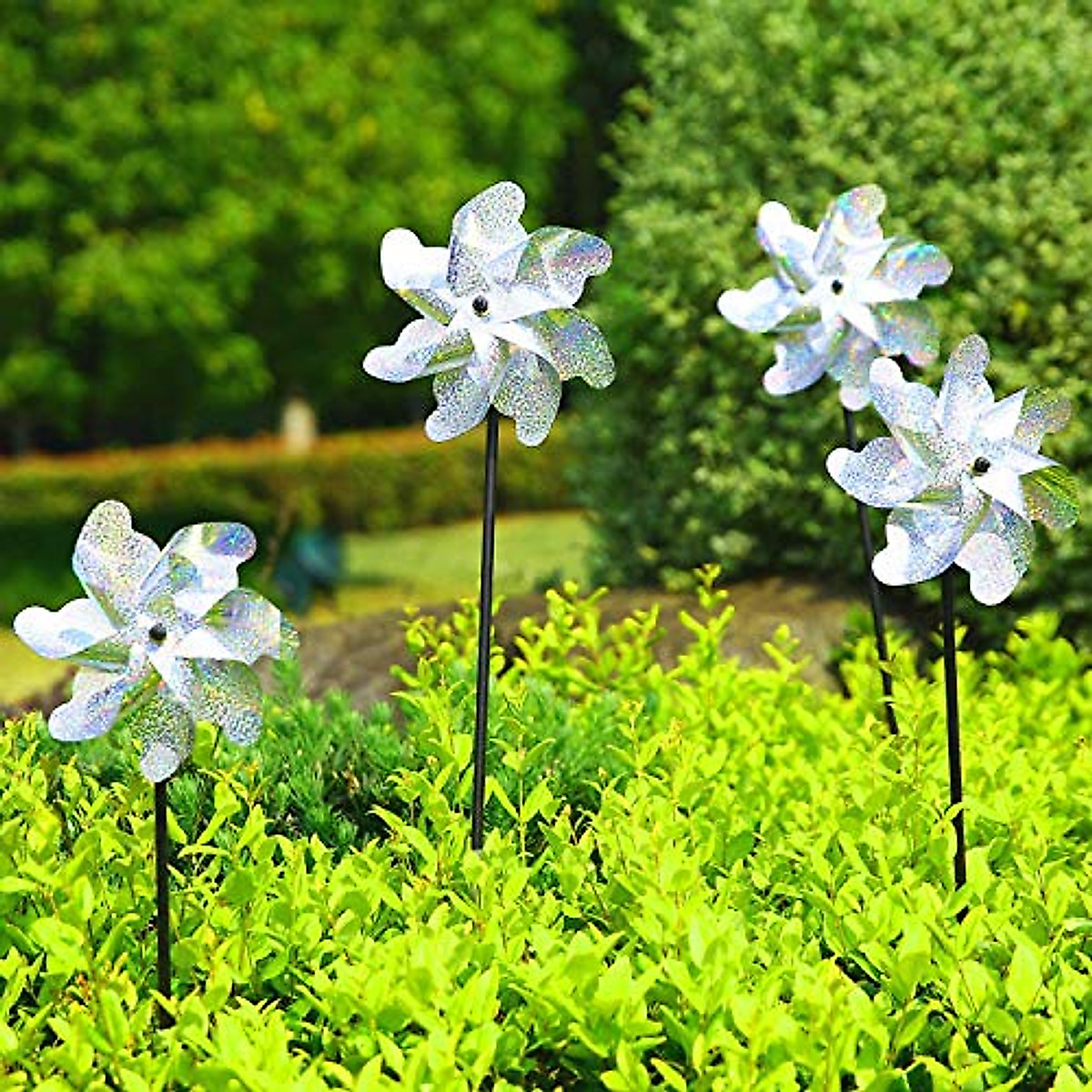 Ohuhu Reflective Pinwheels with Stakes, 10-Pack Extra Sparkly Wind Sculpture for Garden Decor Pin Wheel, Silver Wind Spinner