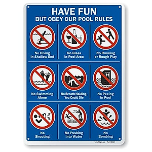 SmartSign 14 x 10 inch “Have Fun But Obey Our Pool Rules” Swimming Pool Metal Sign with Symbols, Screen Printed, 40 mil Laminated Rustproof Aluminum, Multicolor