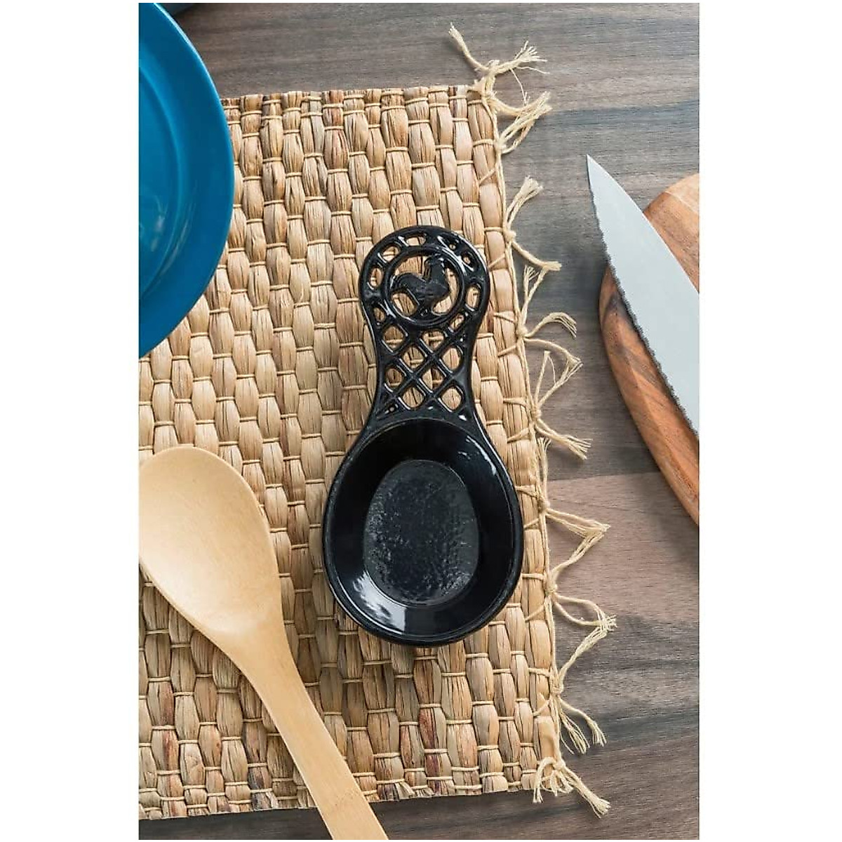 Linen Store Cast Iron Rooster Spoon Rest Kitchen Decor Utensils Holder Black