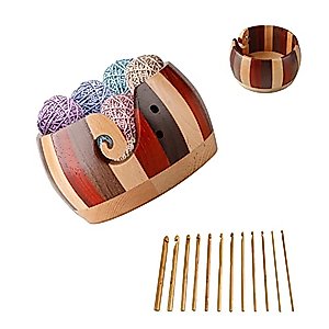 lynn Wooden Yarn Bowl,Wool Storage Crochet Organizer Bowl,with 12pcs Knitting Crochet Accessories, Multicolor (201122XA02#AA#SO#0AU)