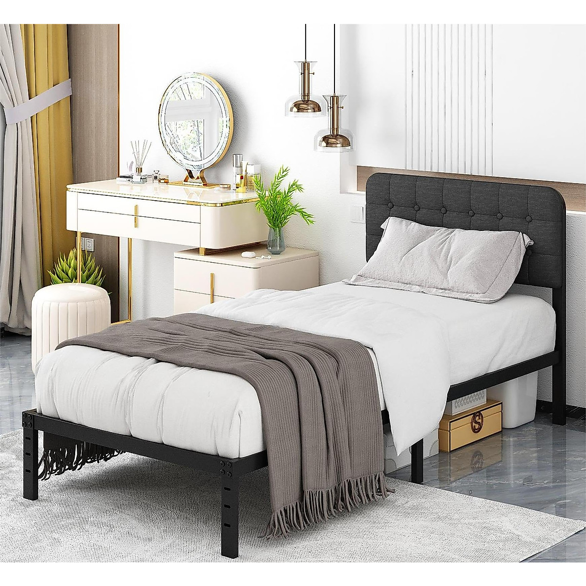 Likelalaso Twin Bed Frame with Upholstered Headboard, 12 inch Twin Metal Platform Bed Frame, Steel Slat Support, Noise Free, No Box Spring Needed, Easy Assembly, Black