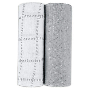 Muslin Swaddle Blankets 2-Pack 100% Muslin Cotton Swaddle Receiving Wrap Blankets (47 X 47 inches) Gift for Baby Boy (Grey Grid Lines & Solid Grey) (Grey)