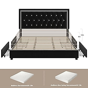 HITHOS Queen Size Bed Frame with 4 Storage Drawers and Adjustable Headboard, Modern Upholstered Platform Bed with Wood Slat Support, Diamond Button Tufted Design, No Box Spring Needed (Black, Queen)