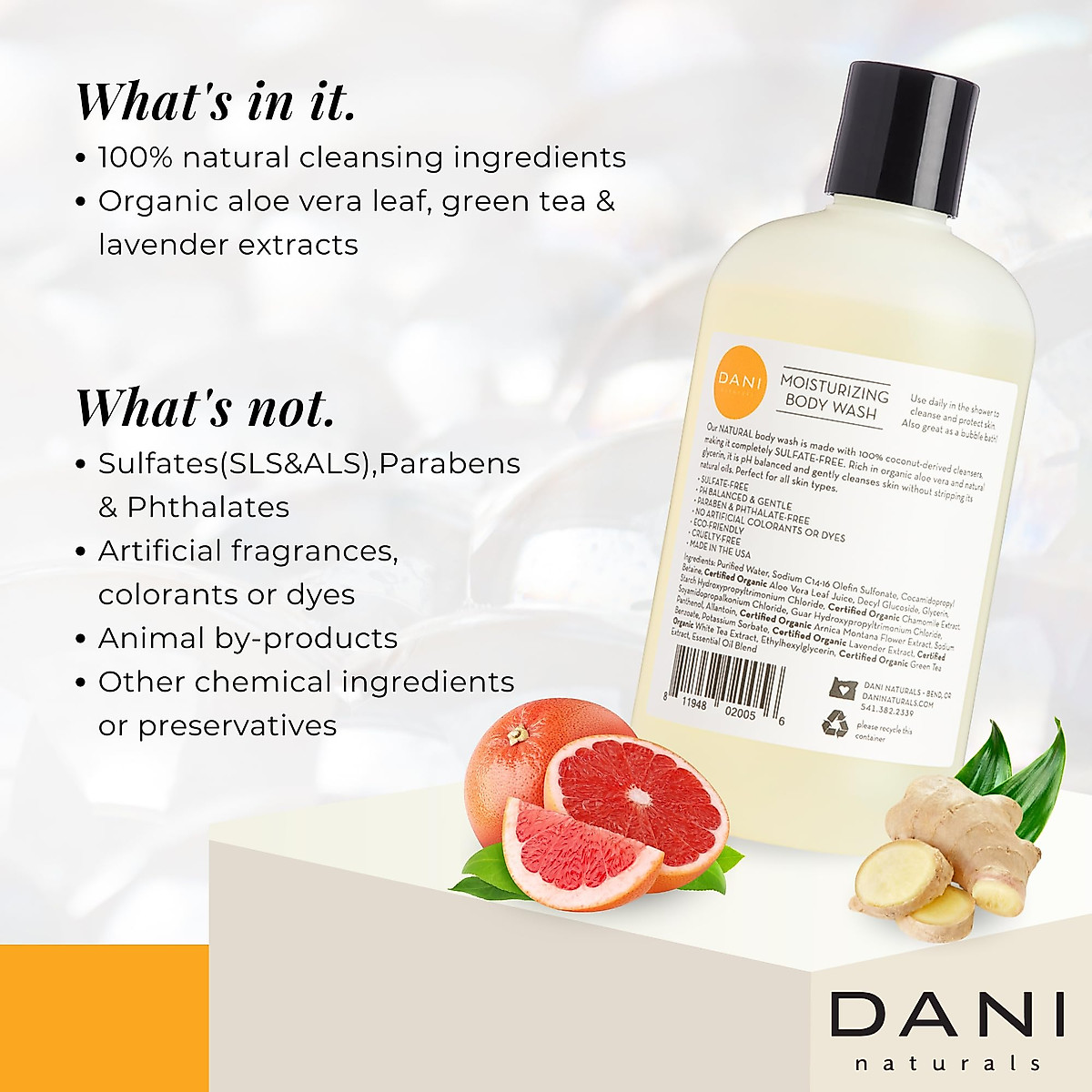 DANI Natural Moisturizing Shampoo Naturals - Invigorating Grapefruit Ginger Scent - Organic Aloe Vera & Coconut Cleansers - Sulfate, Phthalate & Paraben Free - For Men & Women - 12 Ounces