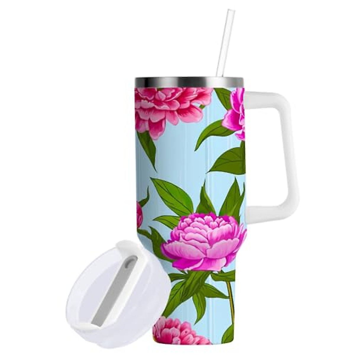 RPLIFE Pink Peonies Light Blue Stainless Steel Coffee Mug, Insulated Tumbler, Tumbler for Men