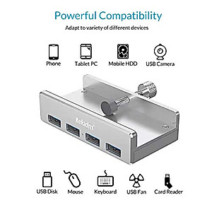 USB Hub 3.0 - Rekidm 4 Port Aluminum Desk USB Hub 3.0 Clamp Design for Desktop, Computer, PC, Table Edge with Durable Adjustable Clip, Space-saving Mountable USB Hub Fast Speed Transfer