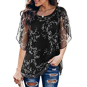 SeSe Code Chiffon Blouses for Women Business Casual Bell Sleeve Tops for Women Formal Tops Plus Size Tunic Tops Mesh Loose Fitting Tops Black XXL