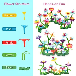 GrowFun DIY Flower Garden Building Kits Educational Activity Gifts Toys for Preschool Toddlers Pretend Play Birthday for Kids Age 3 4 5 6-136PCS