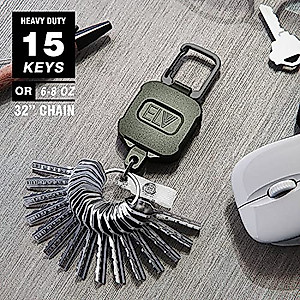 2 Pack ELV Self Retractable ID Badge Holder Key Reel, Heavy Duty, 32 Inches Cord, Carabiner Key Chain, Retractable Keychain Key Holder, Hold Up to 15 Keys and Tools (Black with Army Green)