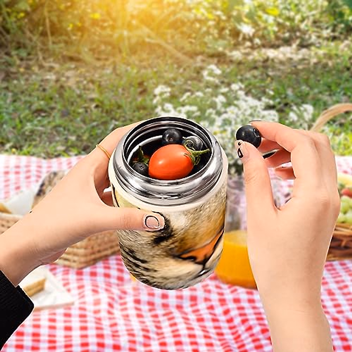 CUPADA Siberian Cat Funny Food Jar, Kitten Face Cute Insulated Hot Food Jars Vacuum 17OZ with Folding Spoon for Work Trip Picnic Camping