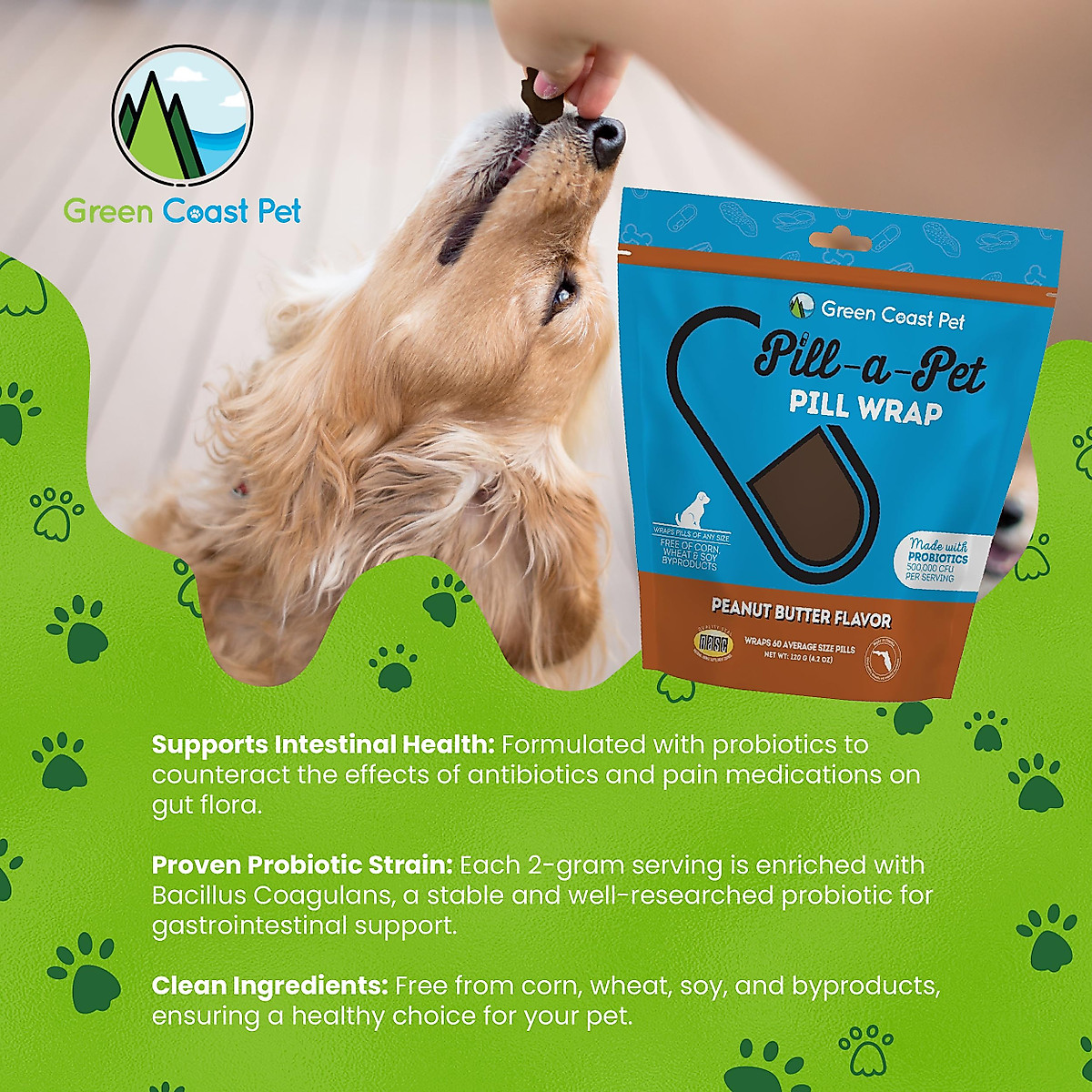 Green Coast Pet Pill-a-Pet Pill Wrap for Dogs Peanut Butter Flavor | Made in USA | Probiotics | 60 Wraps