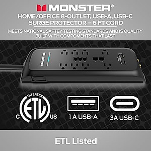 Monster Black Heavy Duty Surge Protector Power Strip 6 ft Cord with 8 120V-Outlet Extension, 2 Ethernet Switch Ports, 4050J Rating, 1 USB-A, and 1 USB-C Charging Ports – Ideal for Computers and Office