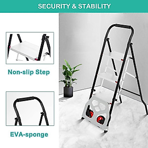 LEADALLWAY 3 Step Ladder Dolly Cart 2-in-1 Portable No-Slip Folding Step Stool