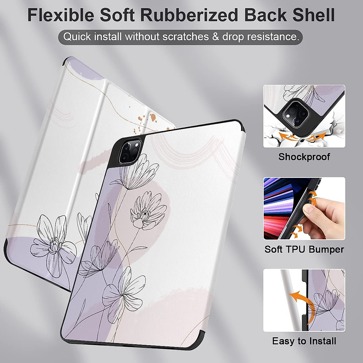 TWOLSKOO Case for iPad Pro 11-inch 4th Generation 2022, [Built-in Pencil Holder] Trifold Stand & Auto Wake/Sleep, Shockproof Cover Soft Back Shell, Also Fit iPad Pro 11" 3rd/2nd/1st Gen, Floral Line