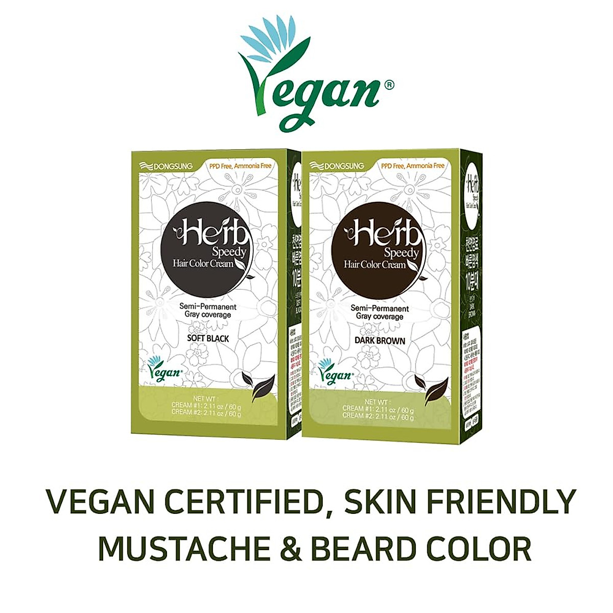 DONGSUNG Herb Speedy Color Cream (Soft Black, 1 Pack), PPD-Free Ammonia-Free Vegan Hair Dye with Sun Protection, Odorless, Gentle for Sensitive Scalp, No Eye or Scalp Irritation