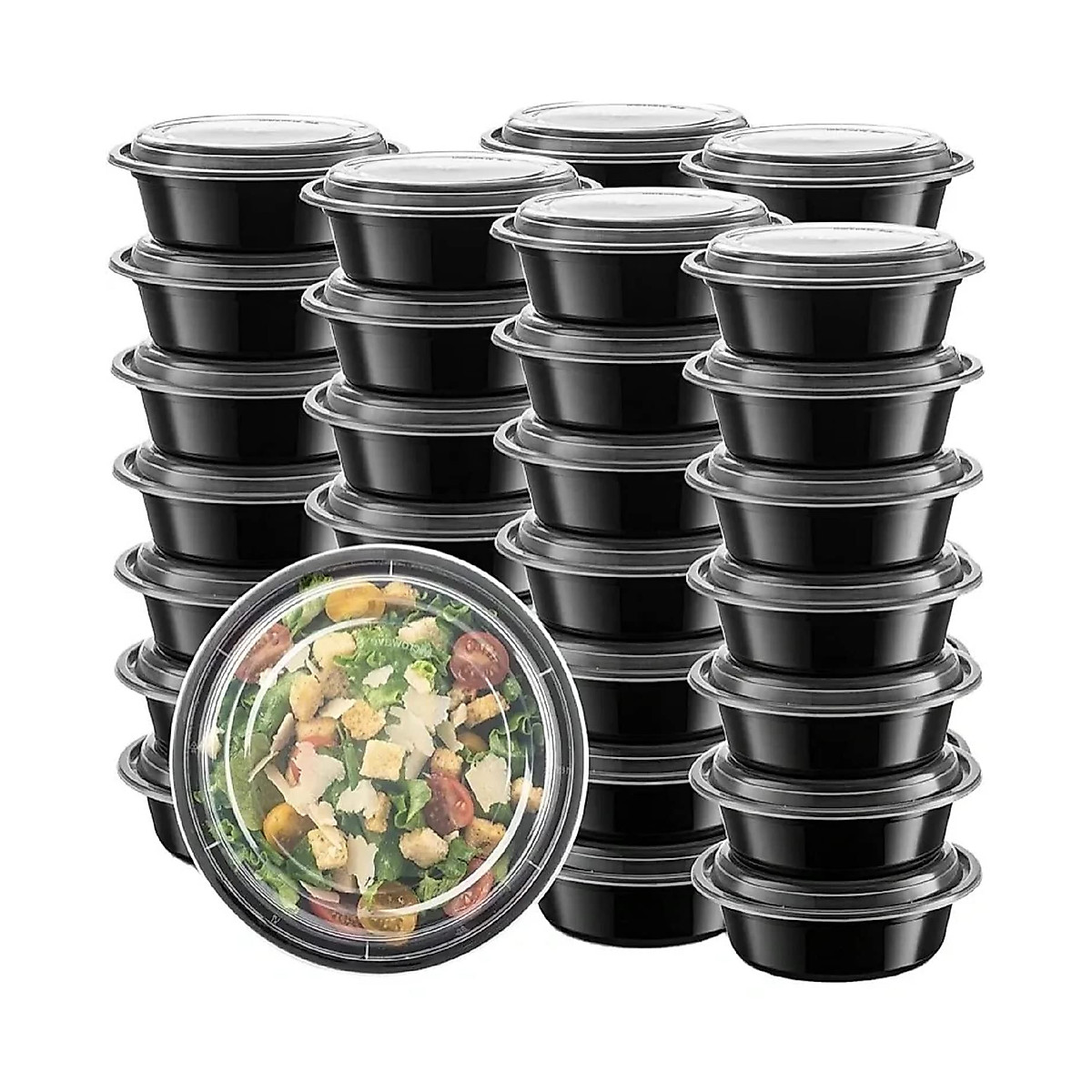 VeZee 24oz Disposable Black Meal Prep/Bento Box with Clear Dome Lids - Round Plastic Meal Containers - Leak Proof and Reusable Box : Perfect For Salad, Meal Prep and Fruits : Set of 50