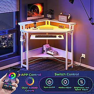 Rolanstar Corner Desk, 44.5"W x 34.5"H Small Computer Desk with Power Outlets & LED Lights, Triangle corner computer desk with Keyboard Tray & Monitor Stand for Small Space, Small Office Desk, White