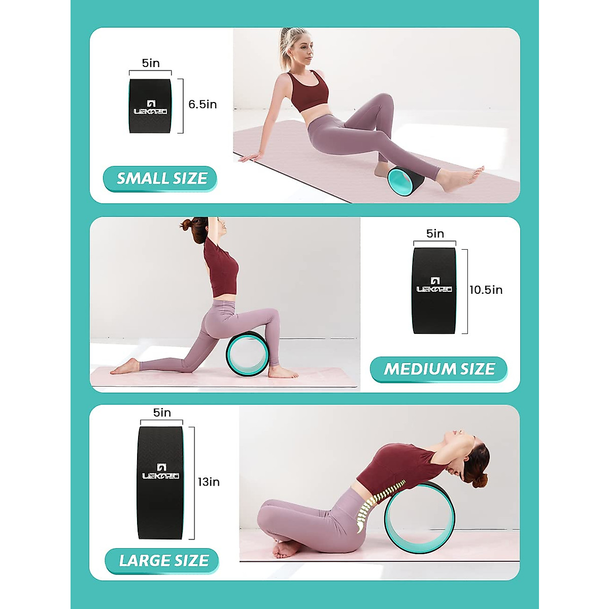 Yoga Wheel Set of 3, Back Roller for Back Pain Relief, Stretching, Multifunctional Back Wheel Improve Flexibility, Strength & Backbends, Deep Tissue Massage, Size 13"/10.5"/6.5''