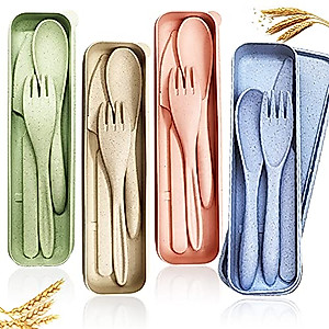 4 Sets Wheat Straw Cutlery,Portable Cutlery,Reusable Spoon Knife Forks,Spoon Knife Fork Tableware set for Adult Travel Picnic Camping or Daily Use (4 Colors)