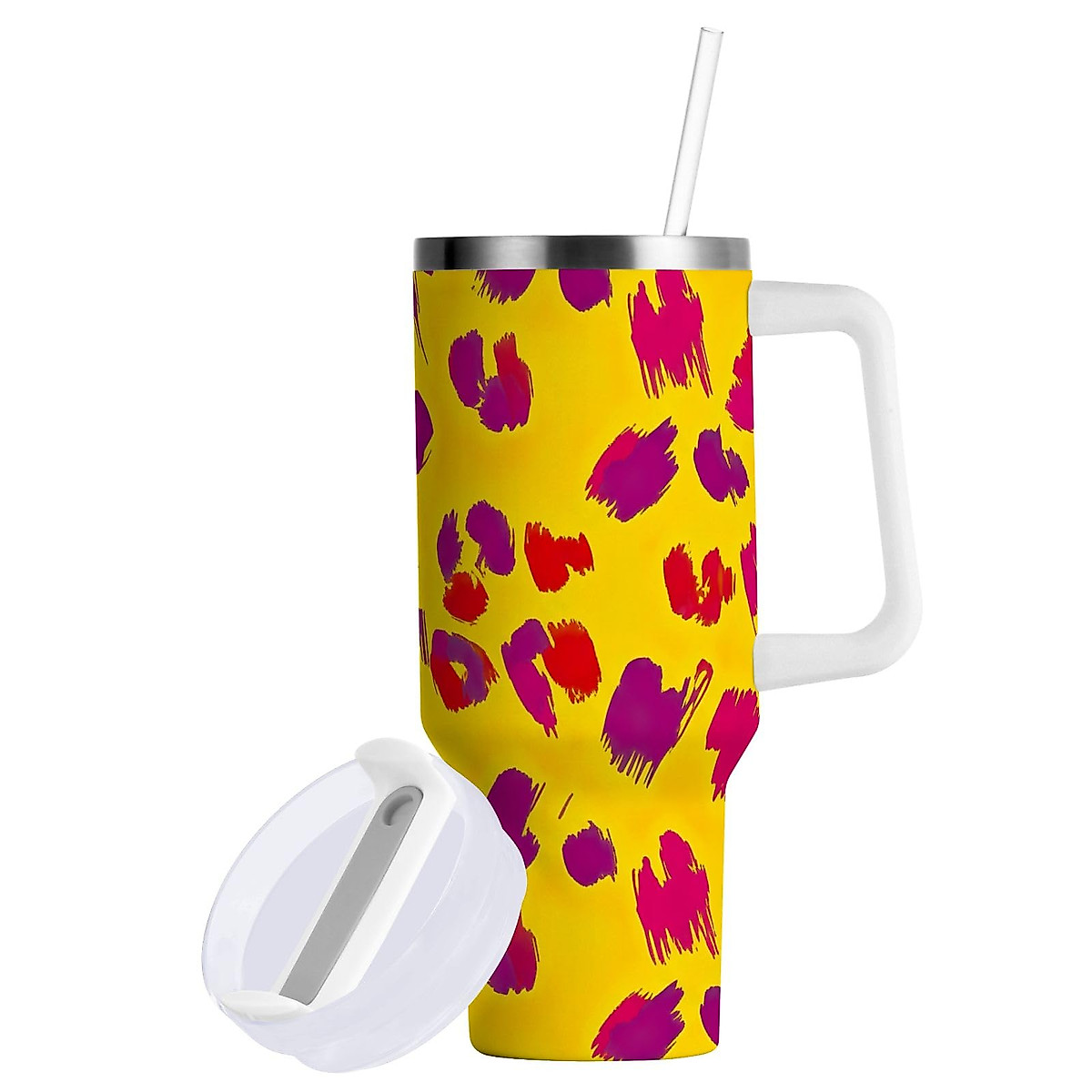 ODAWA 40 Oz Double Wall Insulated Tumbler, Leopard Yellow Stainless Steel Tumbler with Handle and Straw Lid
